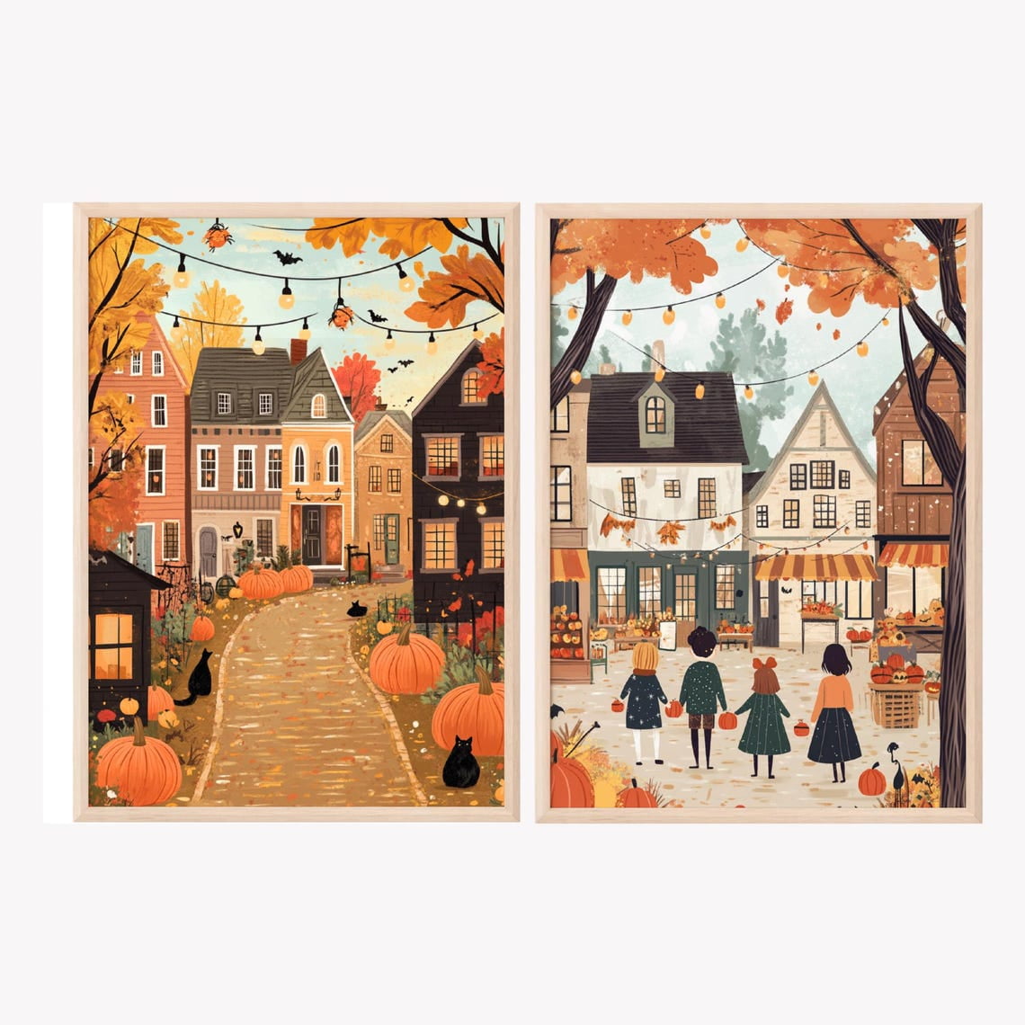 UNFFRAMED Cozy Fall Village Folk Art Set Of Two, Whimsical Autumn ...