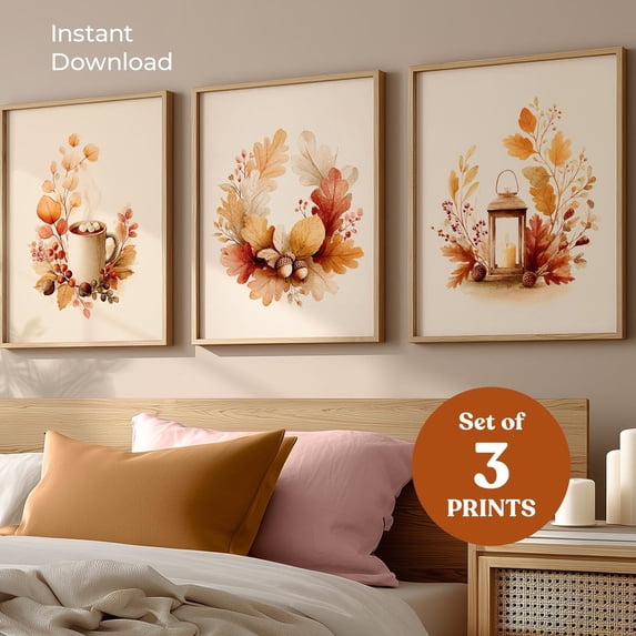 UNFFRAMED Cozy Fall Wall Art Set — Rustic Pumpkin & Leaf Posters For ...
