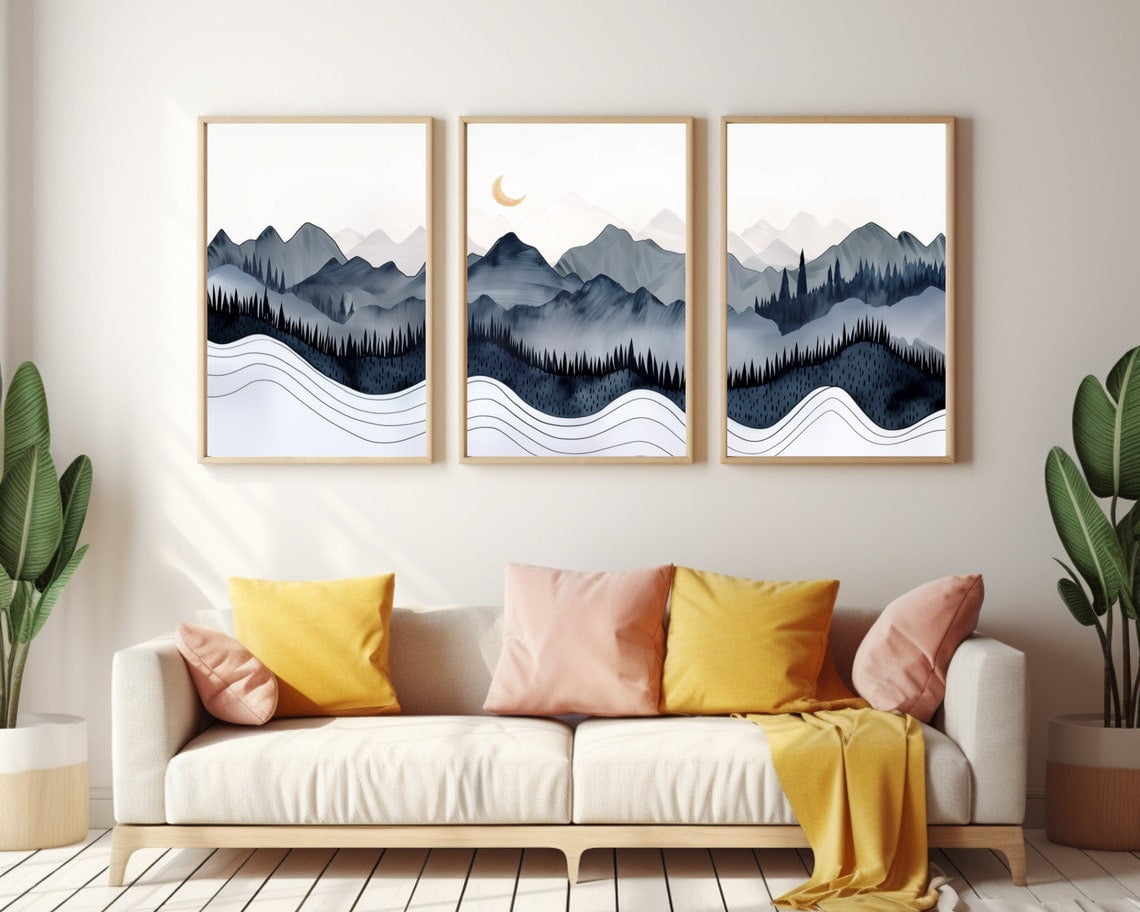 UNFFRAMED Crescent Moon Poster, Set Of 3, Minimalist Mountain Line Wall ...