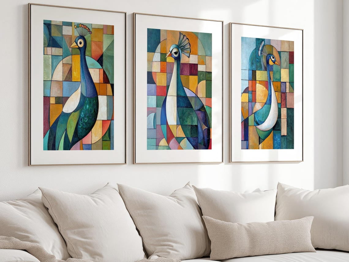 UNFFRAMED Cubist Peacock Art Posters, Geometric Wall Decor, Set Of 3 ...