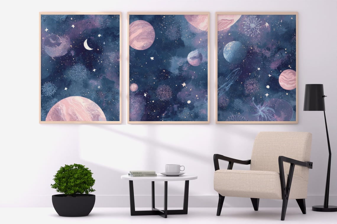UNFFRAMED Dark Space Triptych, Cosmic Wall Art With Planets & Stars ...