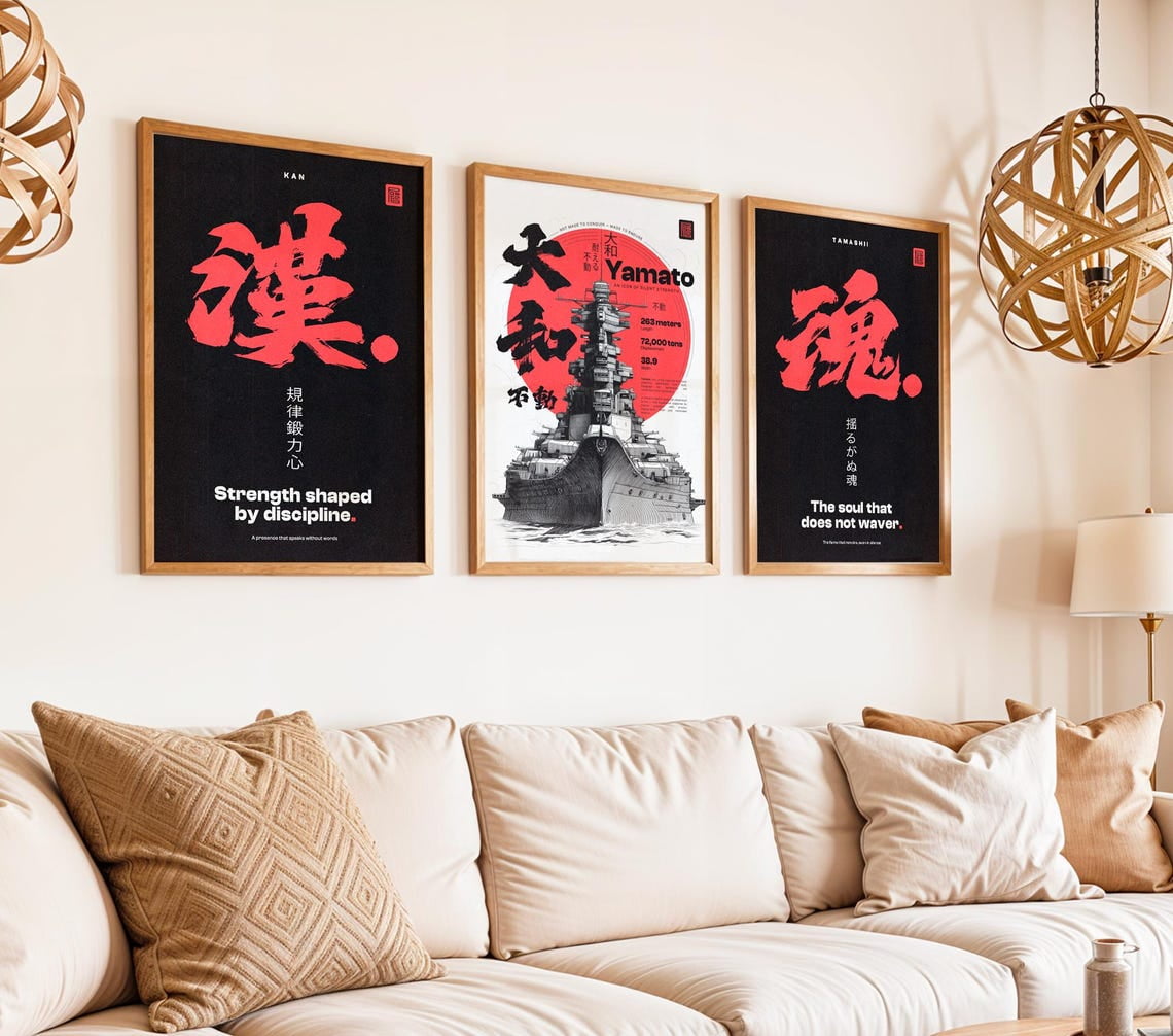 UNFFRAMED Echoes Of Strength, Japanese Poster Set With Kanji ...
