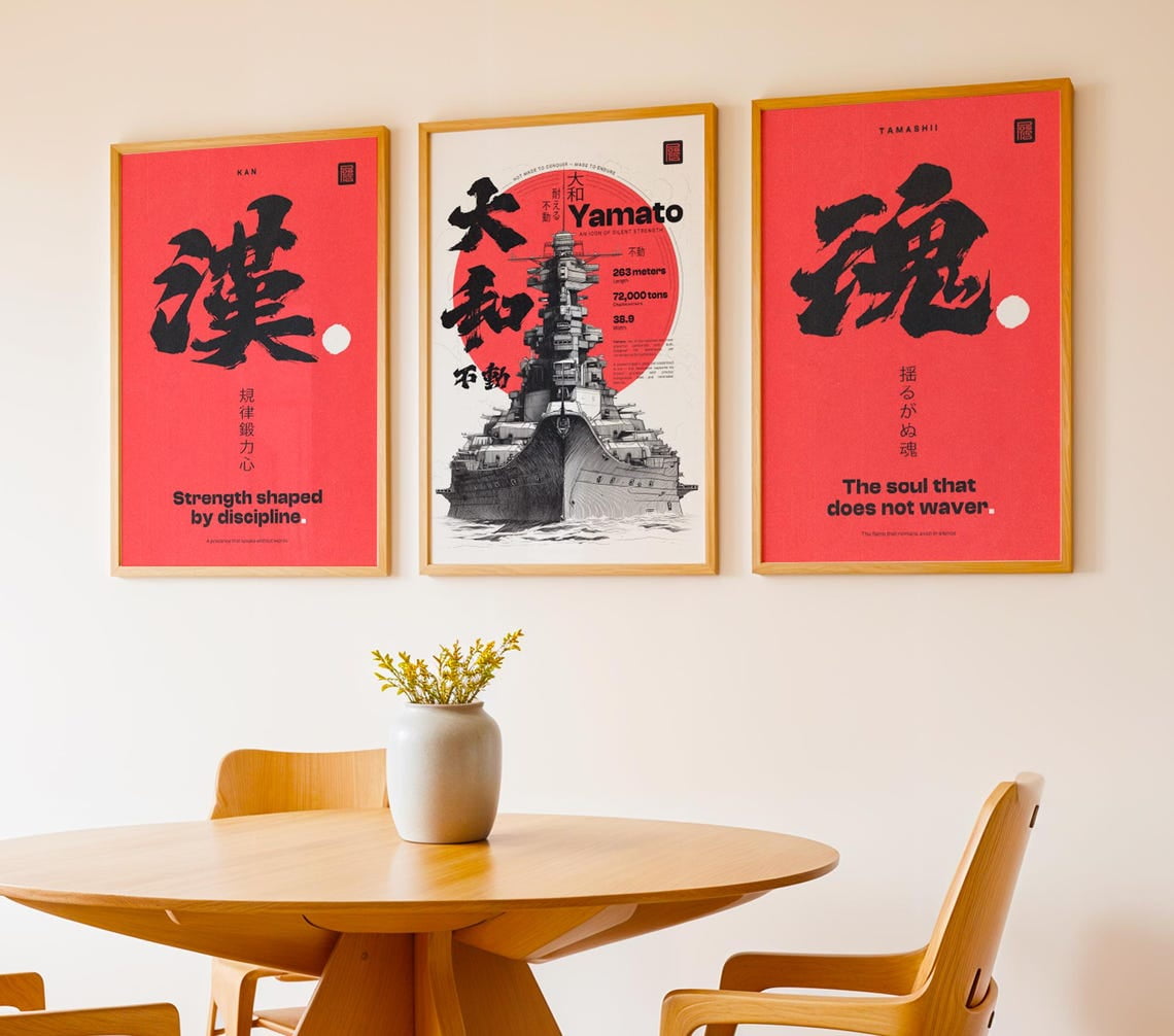 UNFFRAMED Echoes Of Strength, Japanese Poster Set With Kanji ...