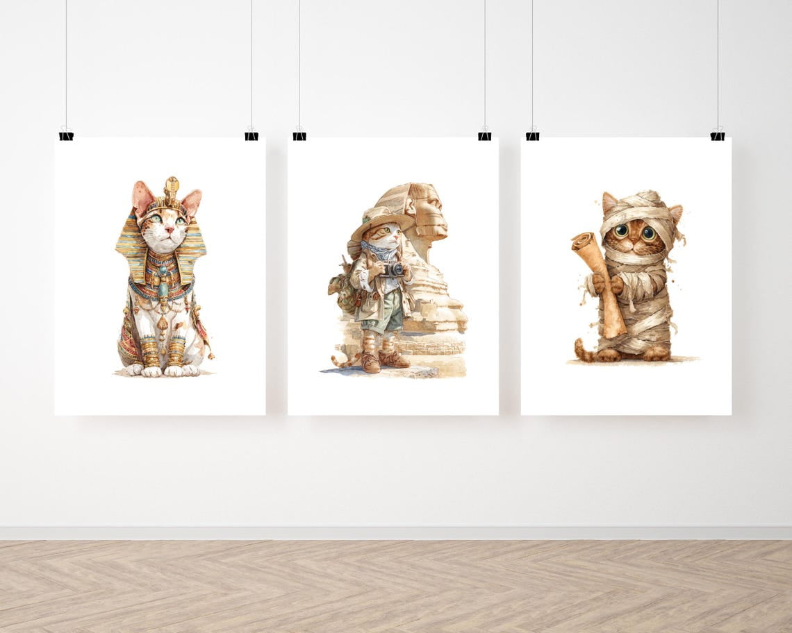 UNFFRAMED Egypt Cat Wall Art Set, Pharaoh, Mummy & Sphinx Explorer ...
