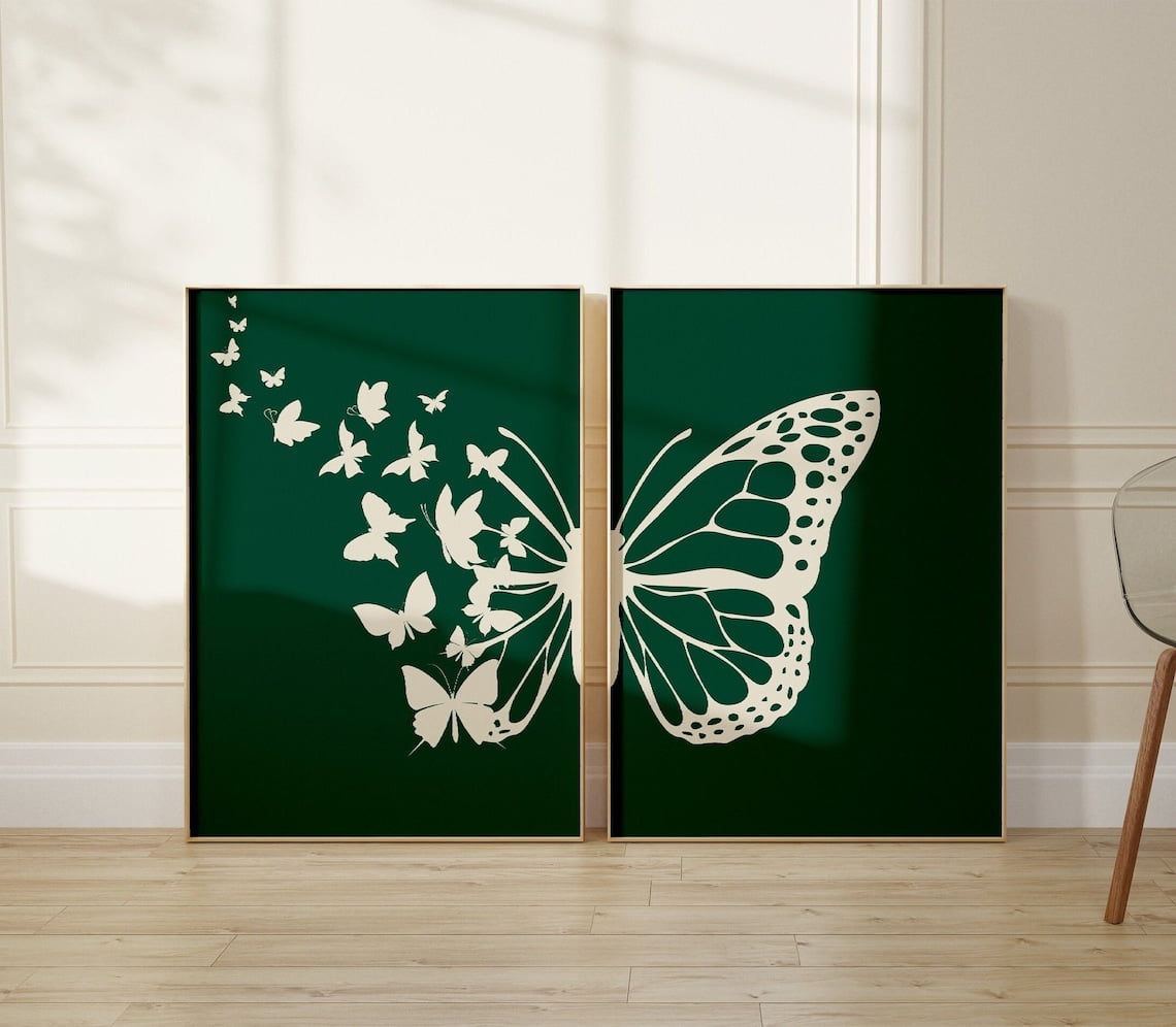 UNFFRAMED Emerald Green Butterfly Poster Set, Minimalist Wall Art Set 2 ...