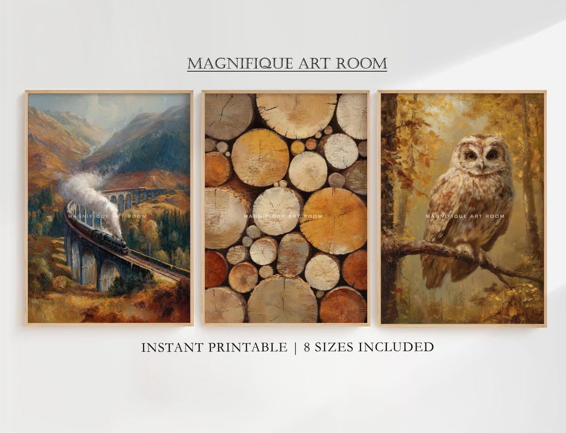UNFFRAMED Fall Wall Art, Rustic Train, Forest Owl, Wood Slice Prints ...
