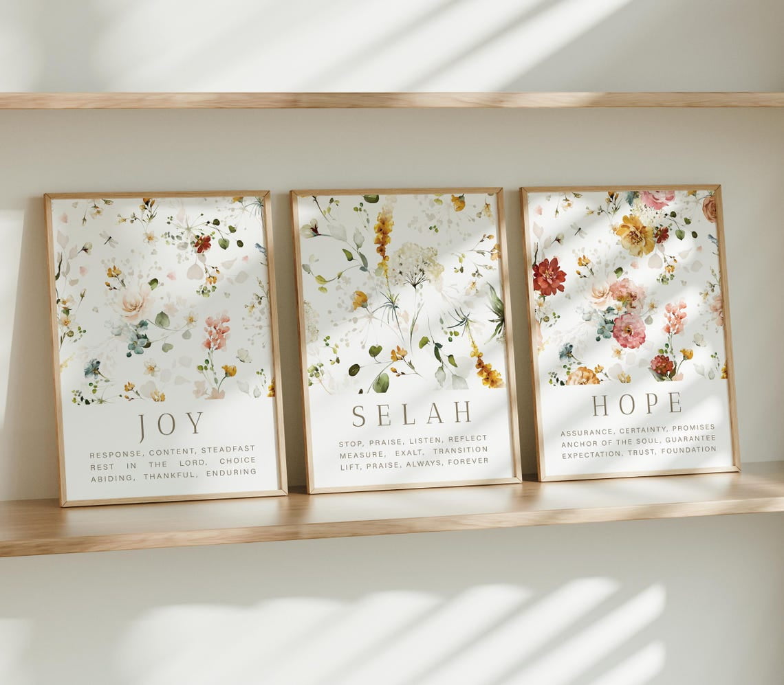 UNFFRAMED Floral Biblical Meaning Art Printed Set Of 3 Selah Definition ...
