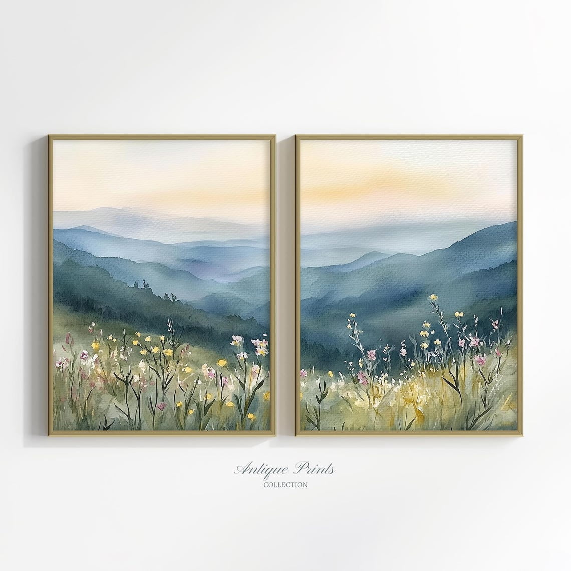 UNFFRAMED Floral Landscape Set Split Poster, Country 2 Pieces Cottage ...