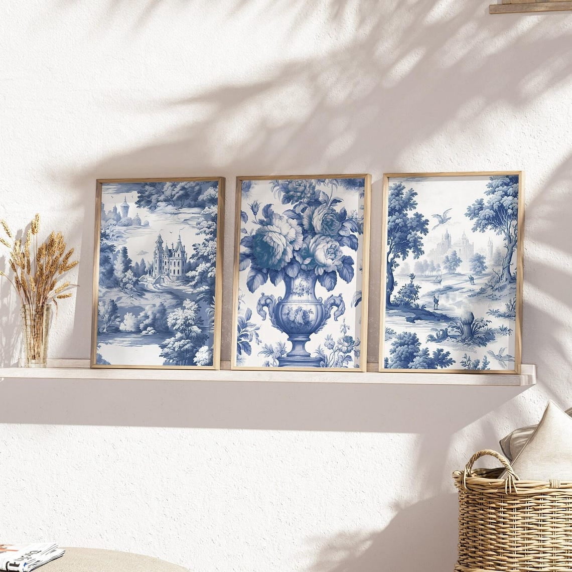 UNFFRAMED French Te Blue Wall Art Botanical Vintage Blue Willow Wall ...