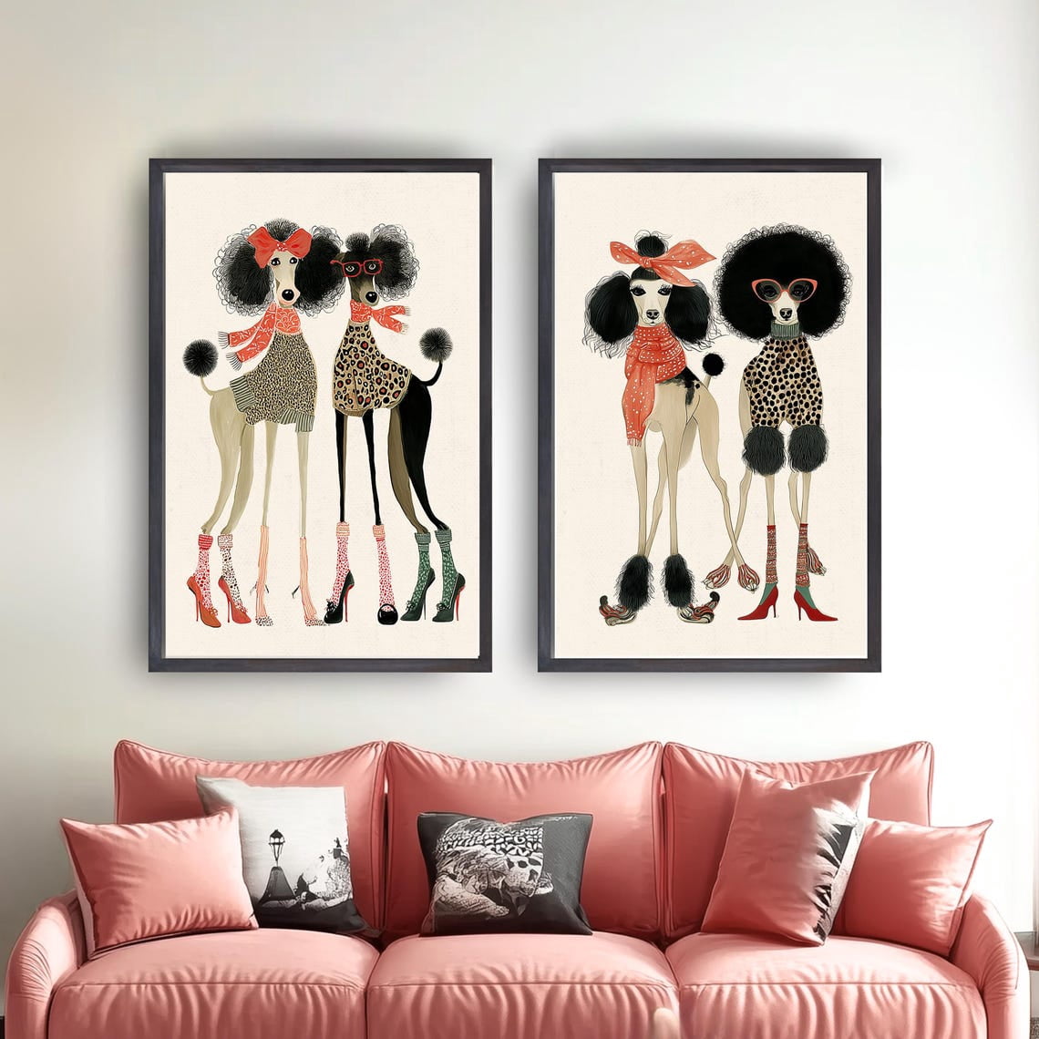 UNFFRAMED Funky Poodle Wall Art Set, Retro Fashion Dog Posters For ...