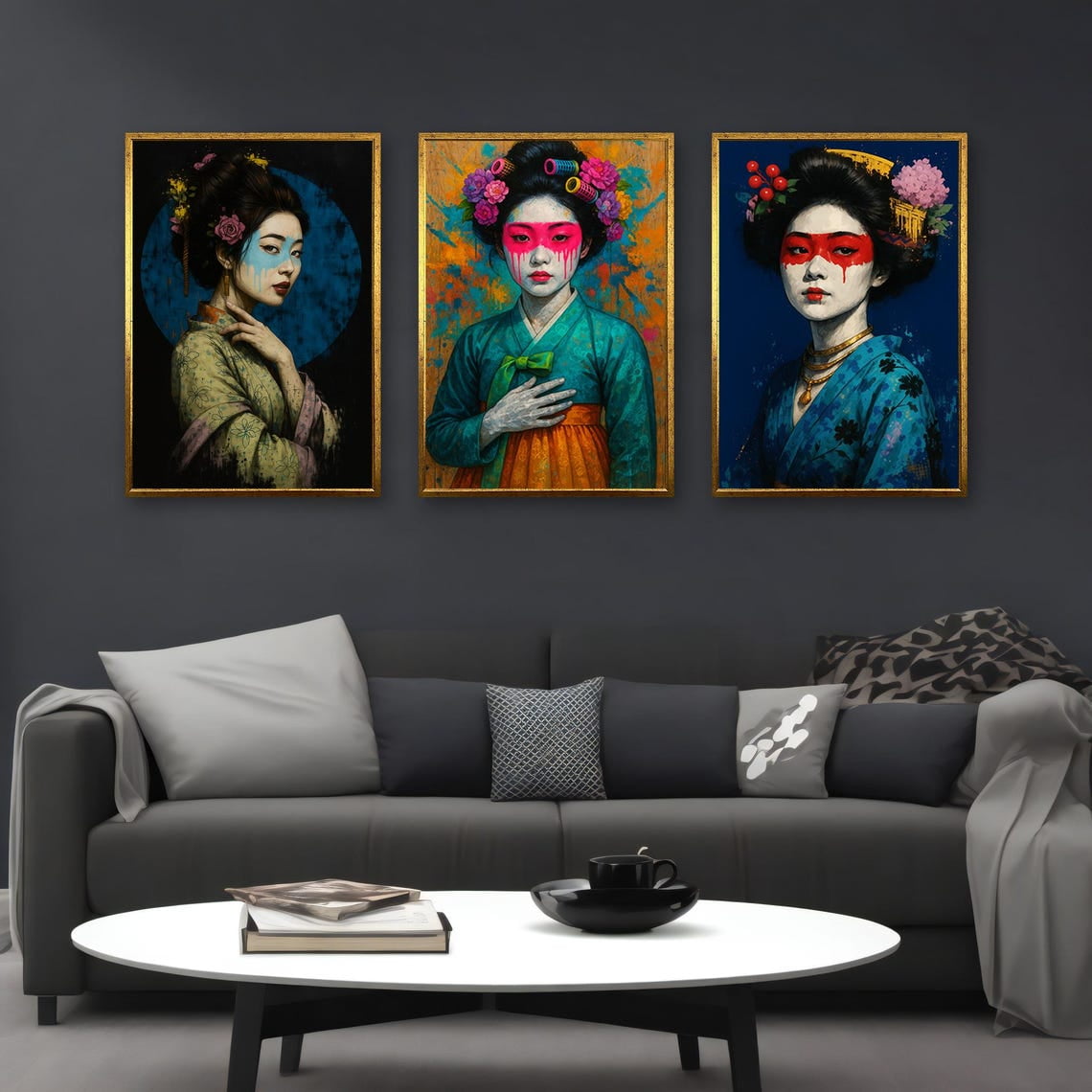 UNFFRAMED Geisha Set, Colorful Japanese Portrait Wall Art, Ready To ...
