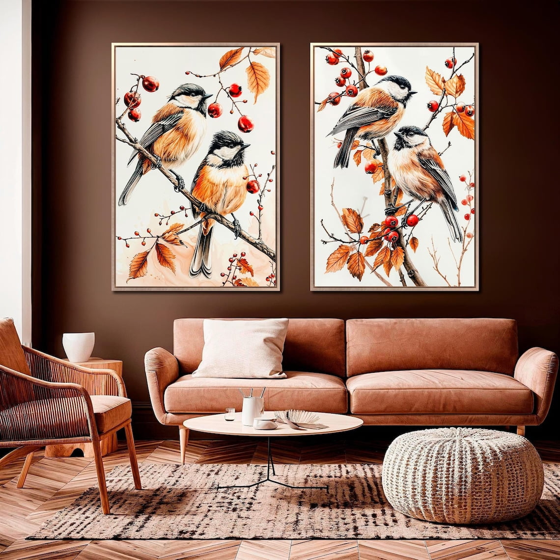 UNFFRAMED Gentle Birds Poster Set Of 2 Chickadees On Branche Wall Art ...