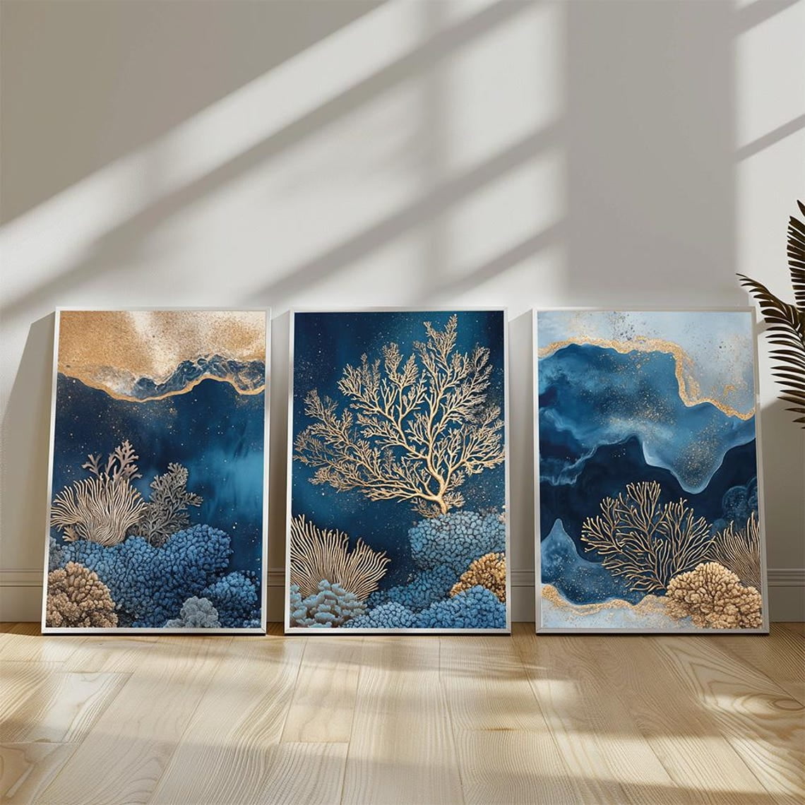 UNFFRAMED Gold & Blue Coral Reef Art Print Set, Underwater Wall Gallery ...