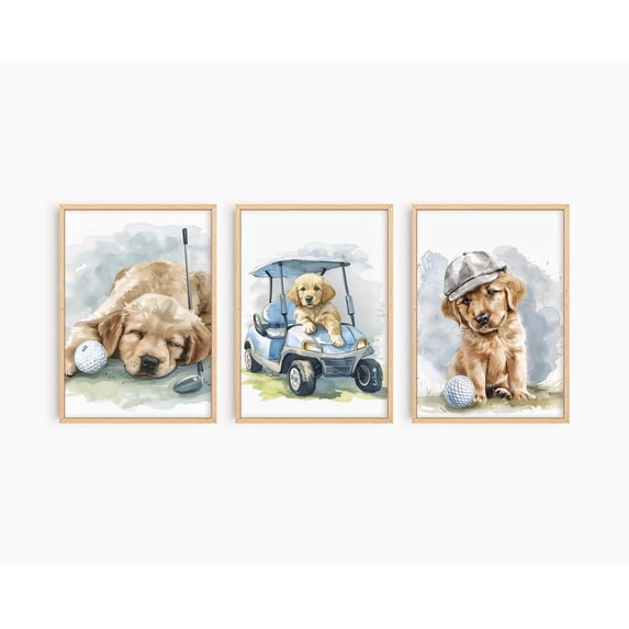 UNFFRAMED Golden Retriever Golf Puppy Poster, Set Of 3 Golf Dog Poster ...