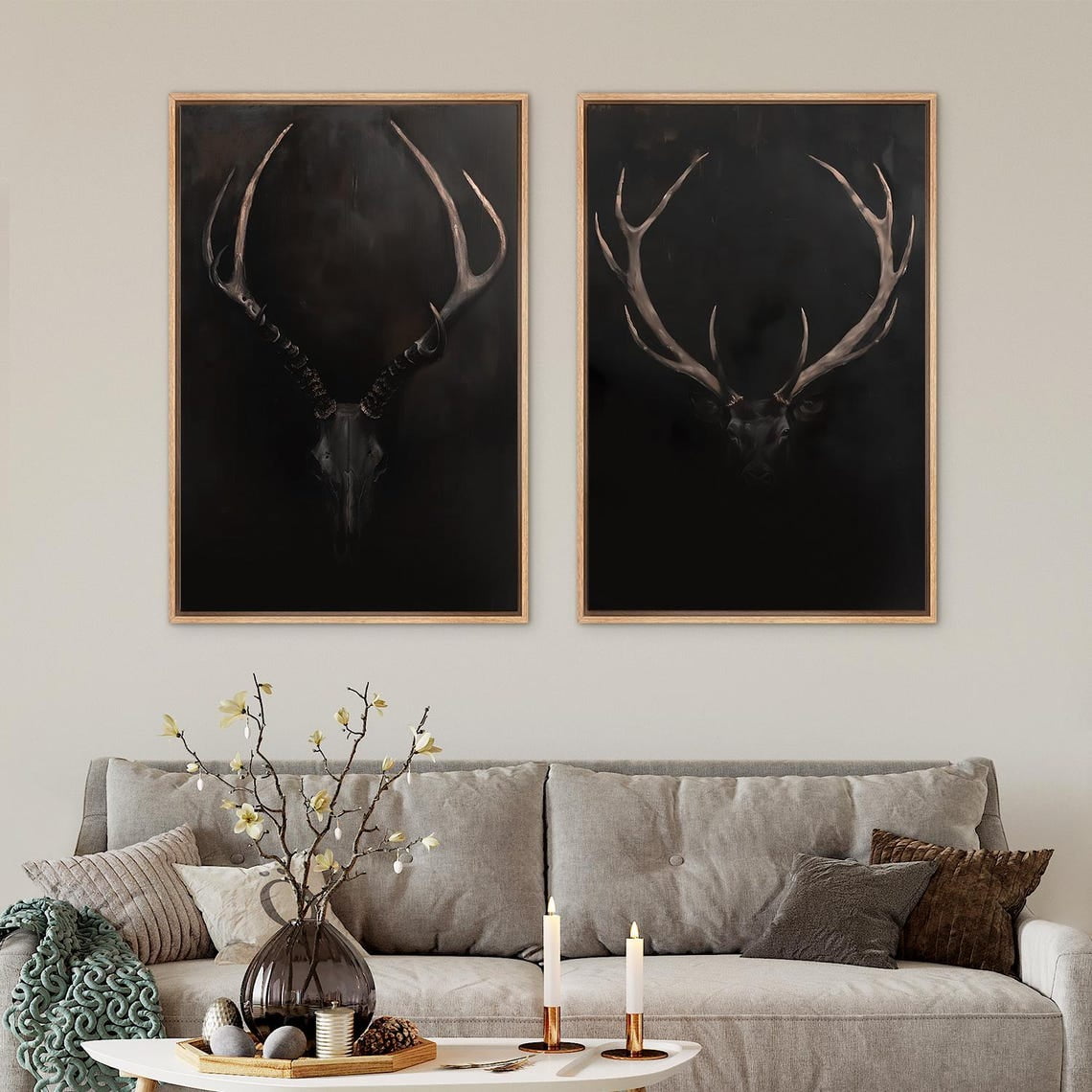 UNFFRAMED Gothic Antler Art, Set Of 2 Modern, Dark Stag Skull & Deer ...