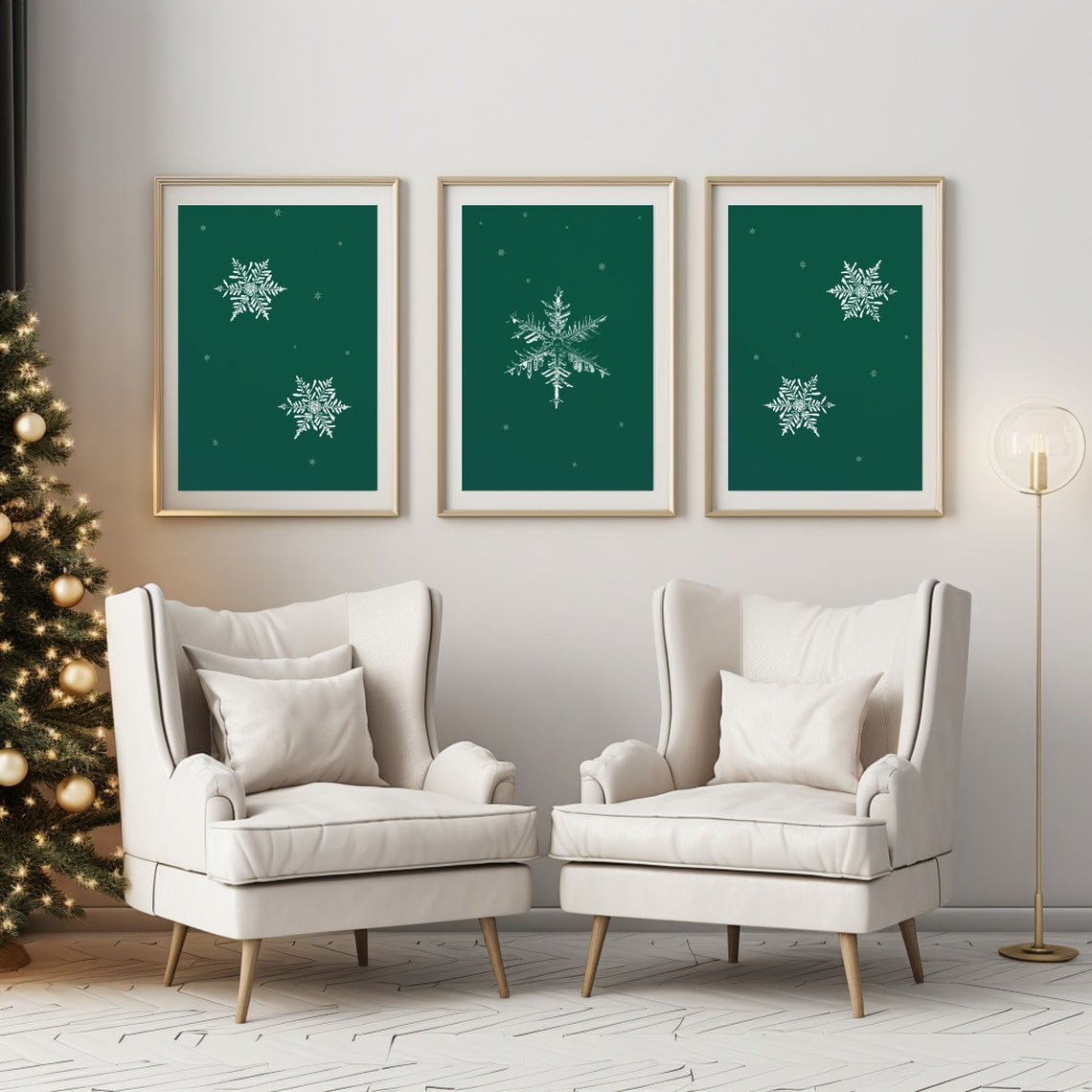 UNFFRAMED Green Snow Flake Print, Snowy, Simple, Holidays, Cozy Boho ...