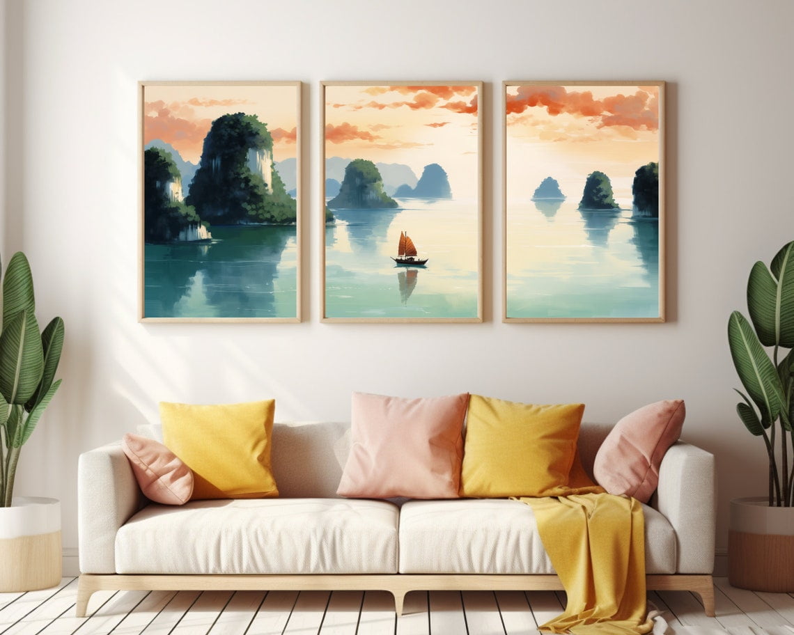 UNFFRAMED Ha Long Bay Poster Set Of 3, Vietnam Coastal Wall Art, Asian ...