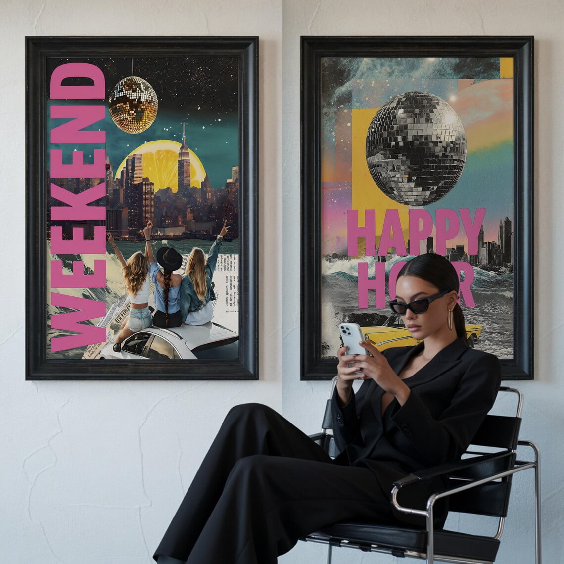 UNFFRAMED Happy Hour Art Poster Set, Retro Disco Ball, Maximalist Decor ...