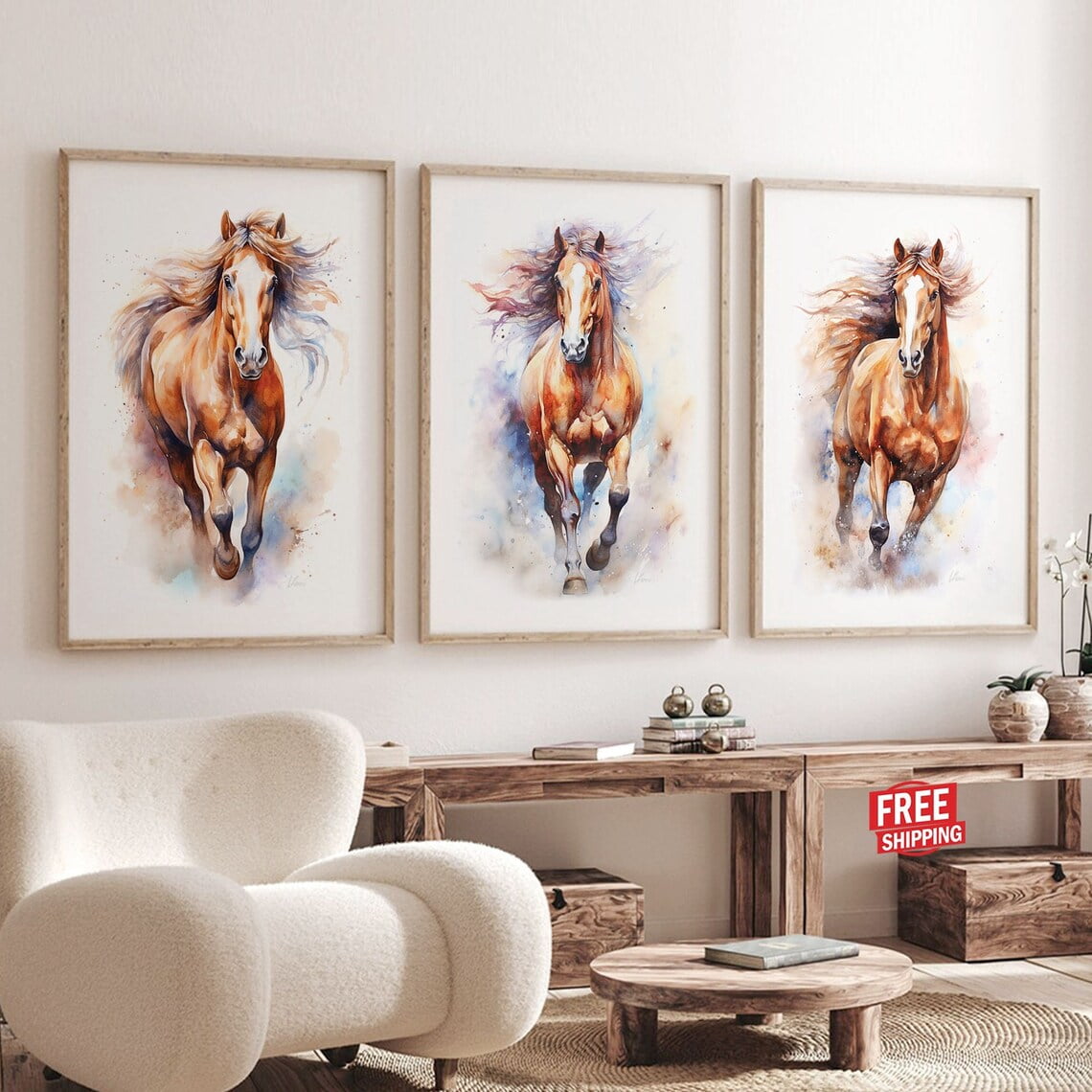 UNFFRAMED Horse Wall Art Set Of 3 Posters, Equestrian Drawing Wild ...