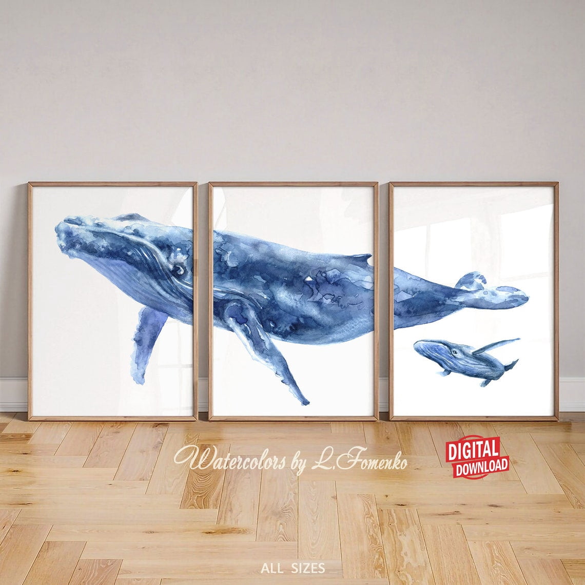 UNFFRAMED Humpback Whale Art Blue Whales Print Art 3 Piece Wall Art ...