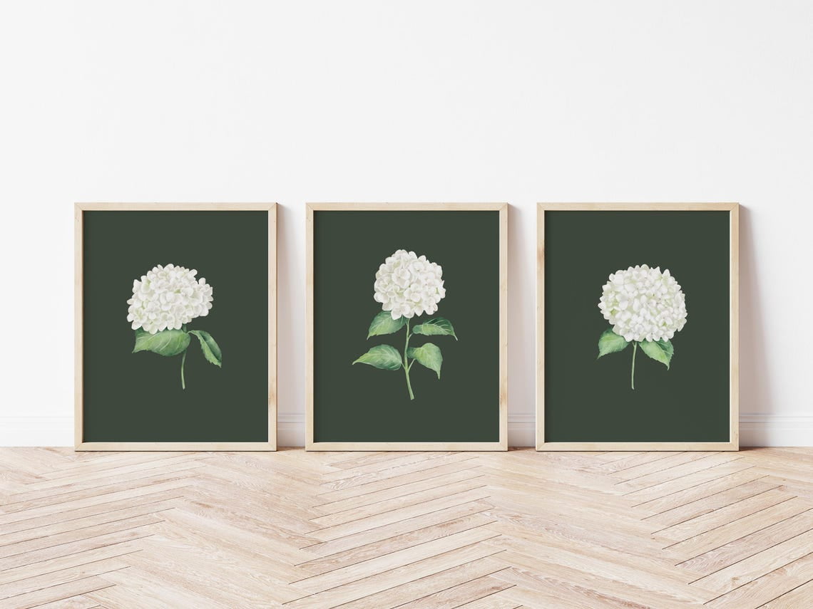 UNFFRAMED Hydrangea Botanical Set Posters, Dark Green And Ivory ...