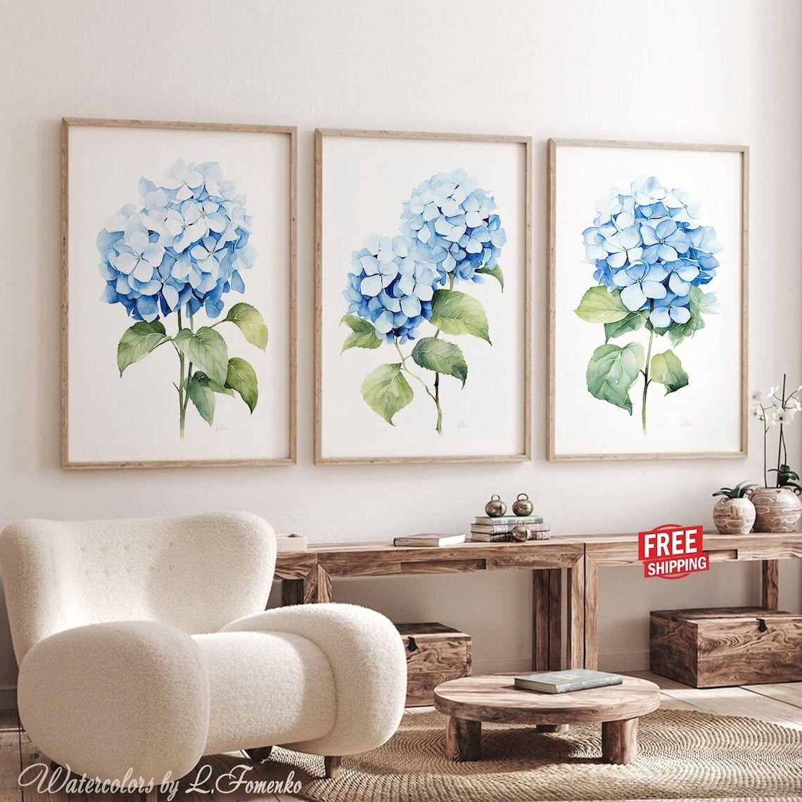 UNFFRAMED Hydrangea Prints Light Blue Wall Art Living Room, Wall Decor ...