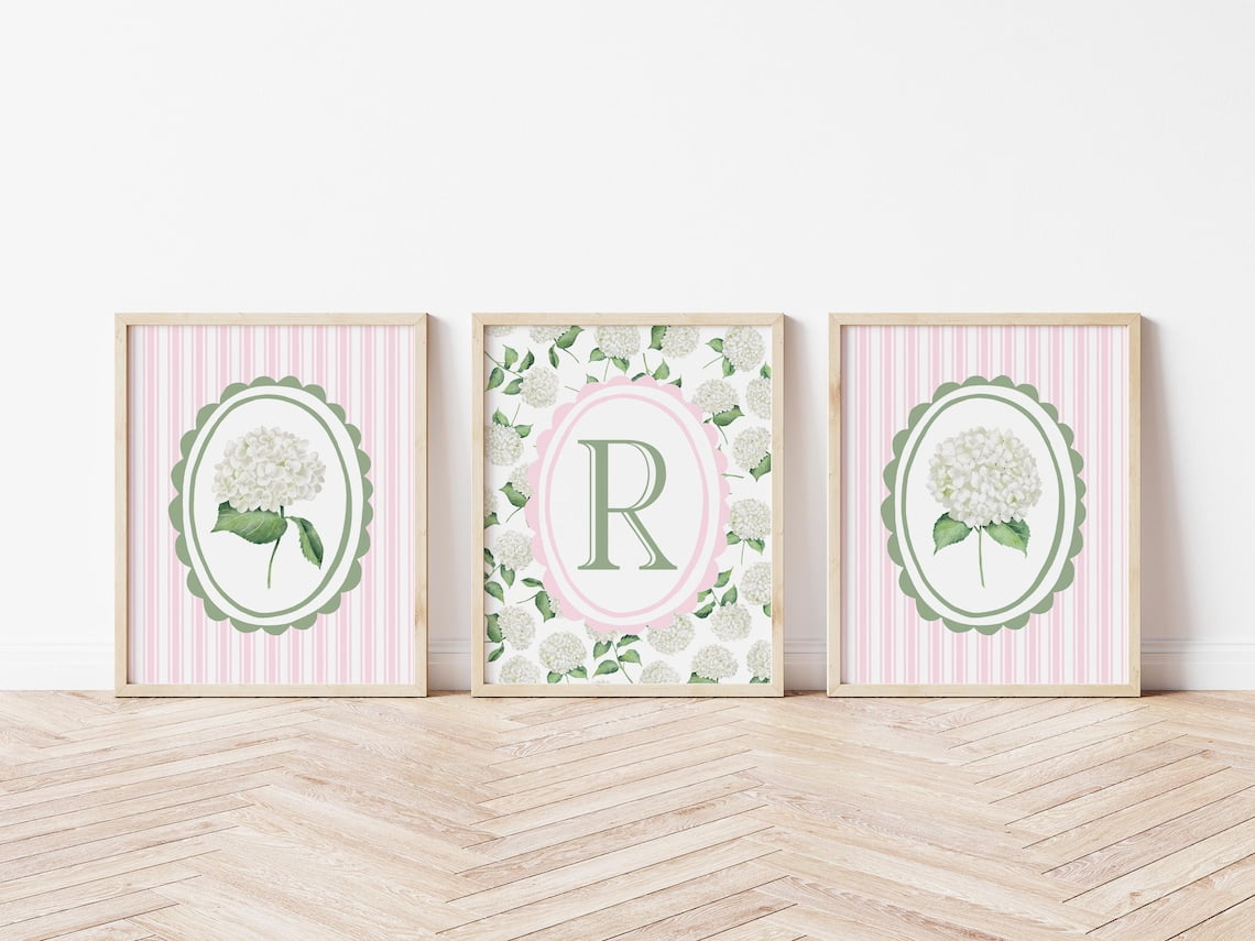 UNFFRAMED Hydrangea Wall Art Set Posters, Grandmillennial Pink & Green ...
