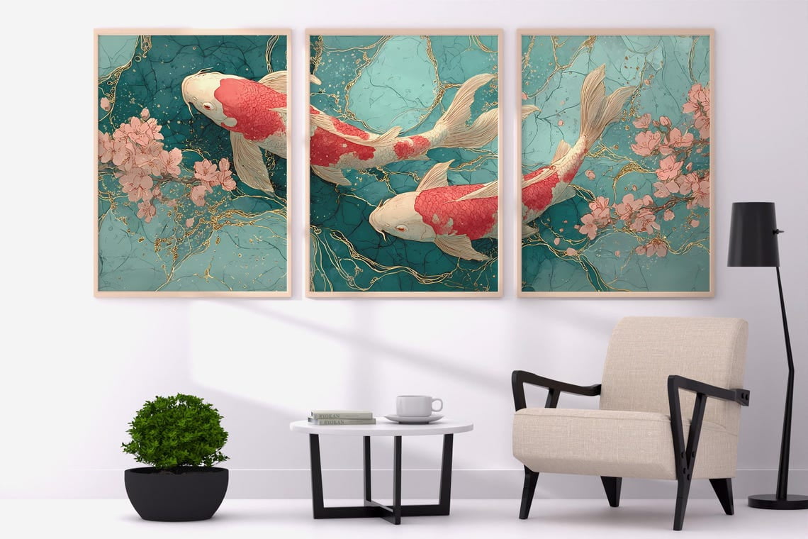 UNFFRAMED Japandi Koi Fish Triptych, Zen Wall Art Poster Set Set 3 ...