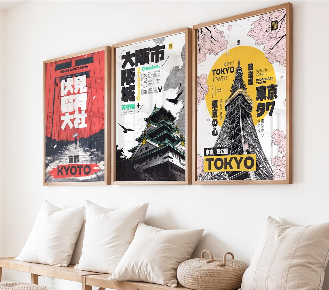 UNFFRAMED Japanese Cities Wall Art Set, Tokyo Tower, Osaka Castle ...