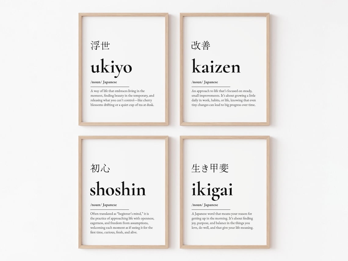 UNFFRAMED Japanese Definition Posters Set, Ikigai, Ukiyo, Shoshin ...