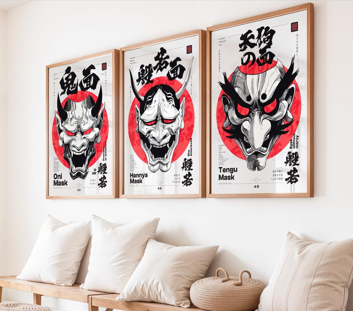 UNFFRAMED Japanese Demon Mask Poster Set, Oni, Hannya & Tengu Wall Art ...