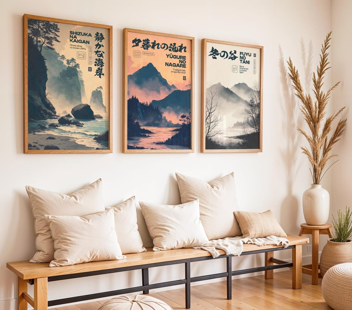 UNFFRAMED Japanese Landscape Poster Set, Shizuka, Yugure, Fuyu Wall Art ...