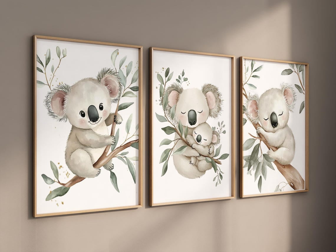 UNFFRAMED Koala Nursery Wall Art, Baby Koala Print Set, Woodland Animal ...