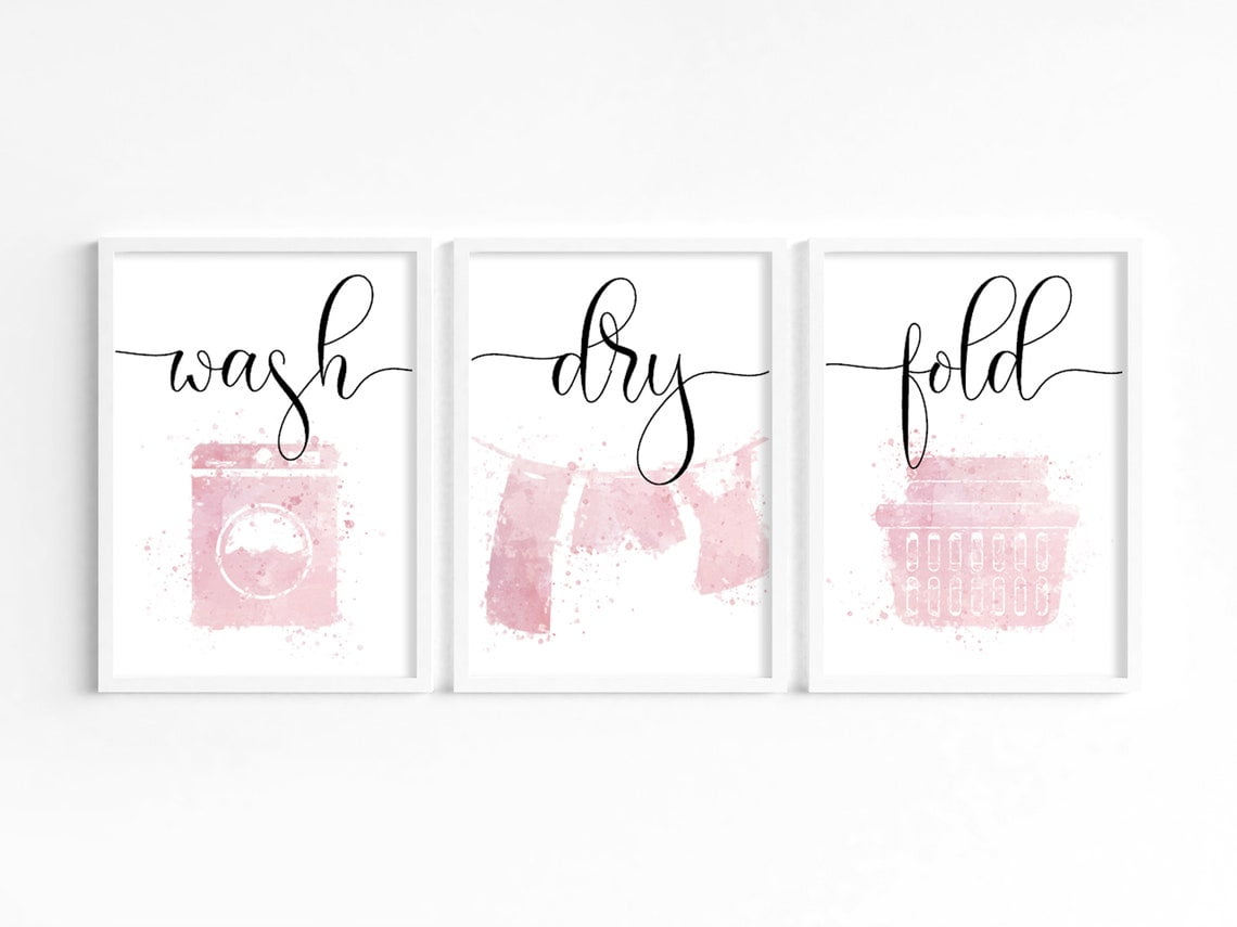 UNFFRAMED Laundry Room Posters Set, Pink Wash Dry Fold, Minimalist Wall ...