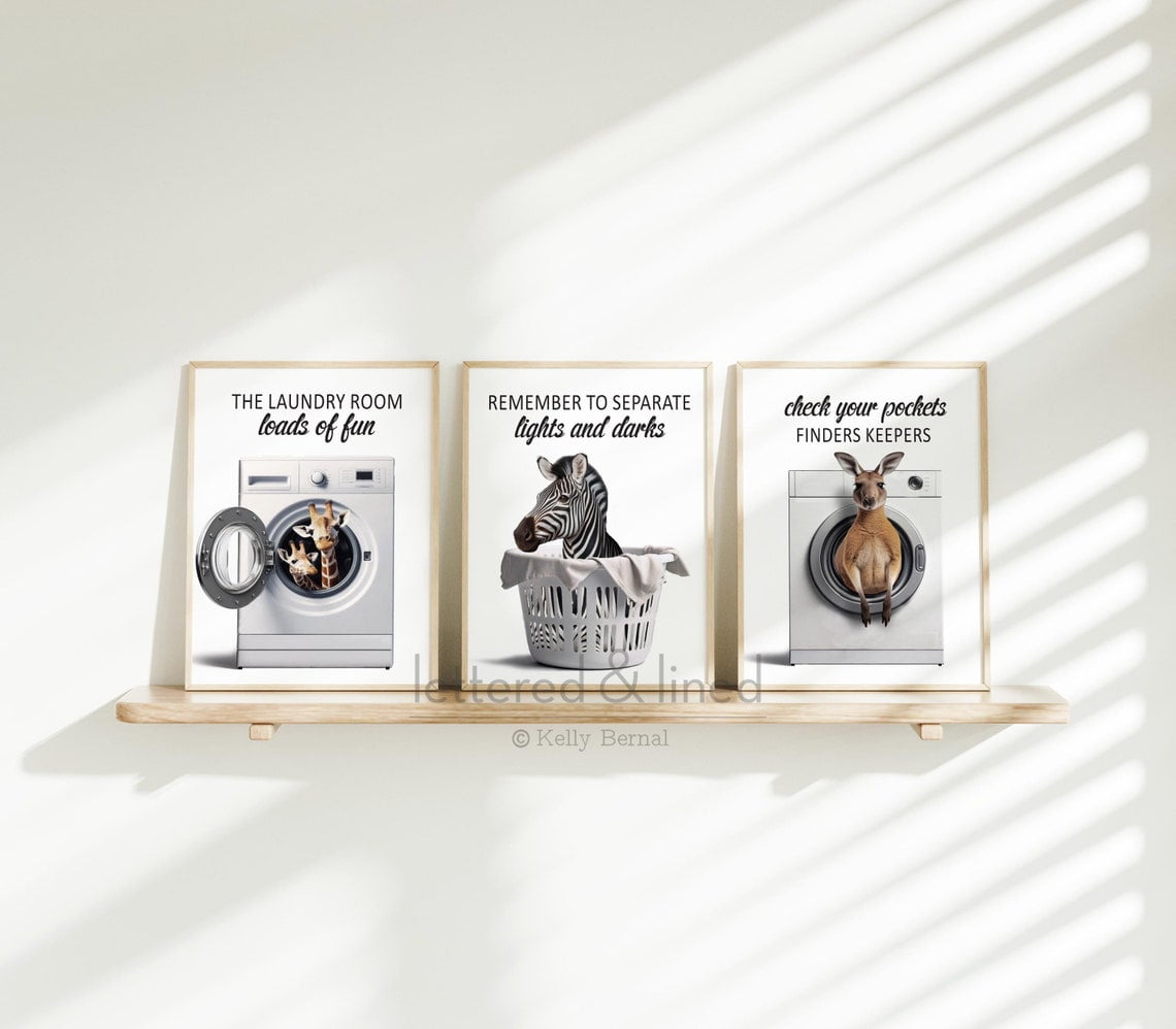 UNFFRAMED Laundry Wall Art Wild Animals Washing Machine Basket Set 3 ...