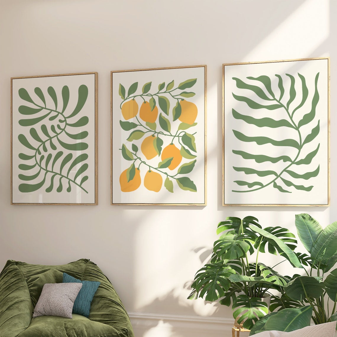 UNFFRAMED Lemon Print Set, Sage Green Botanical Wall Art Set 3 Prints ...