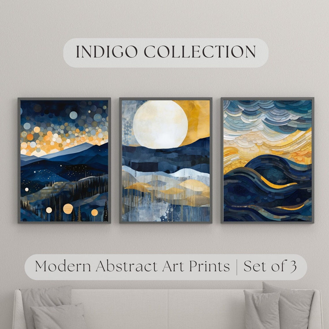UNFFRAMED Luvia Abstract Nature Poster Set of 3 Modern Indigo and ...