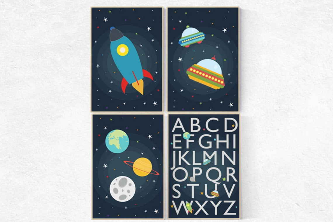 UNFFRAMED Luvia Alphabet Space Poster Set of 4 Outer Space ABC Letters ...