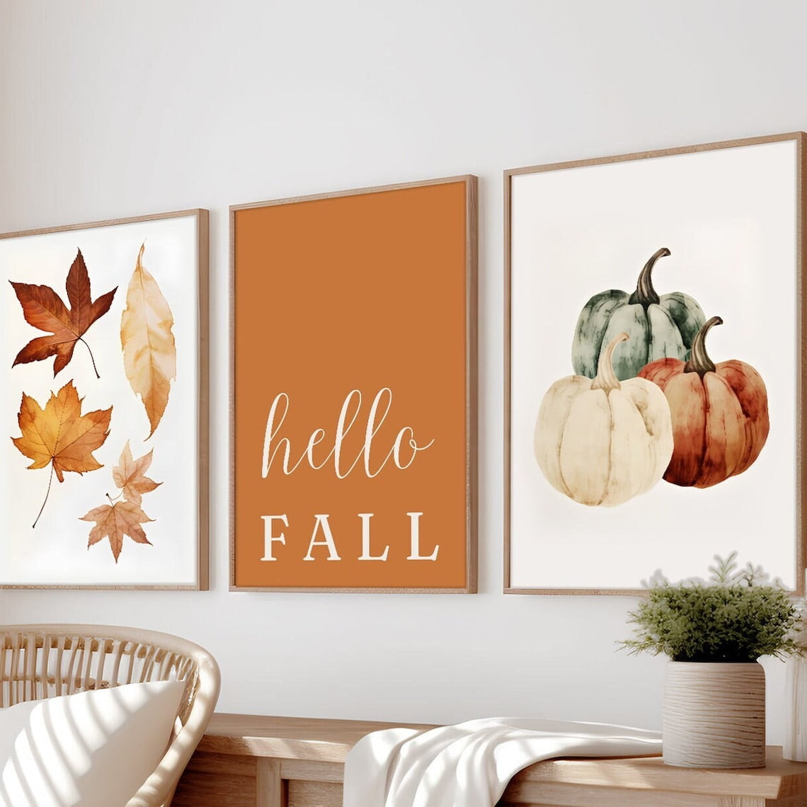 UNFFRAMED Luvia Hello Fall Wall Art Set of 3, Autumn Leaves Pumpkin ...