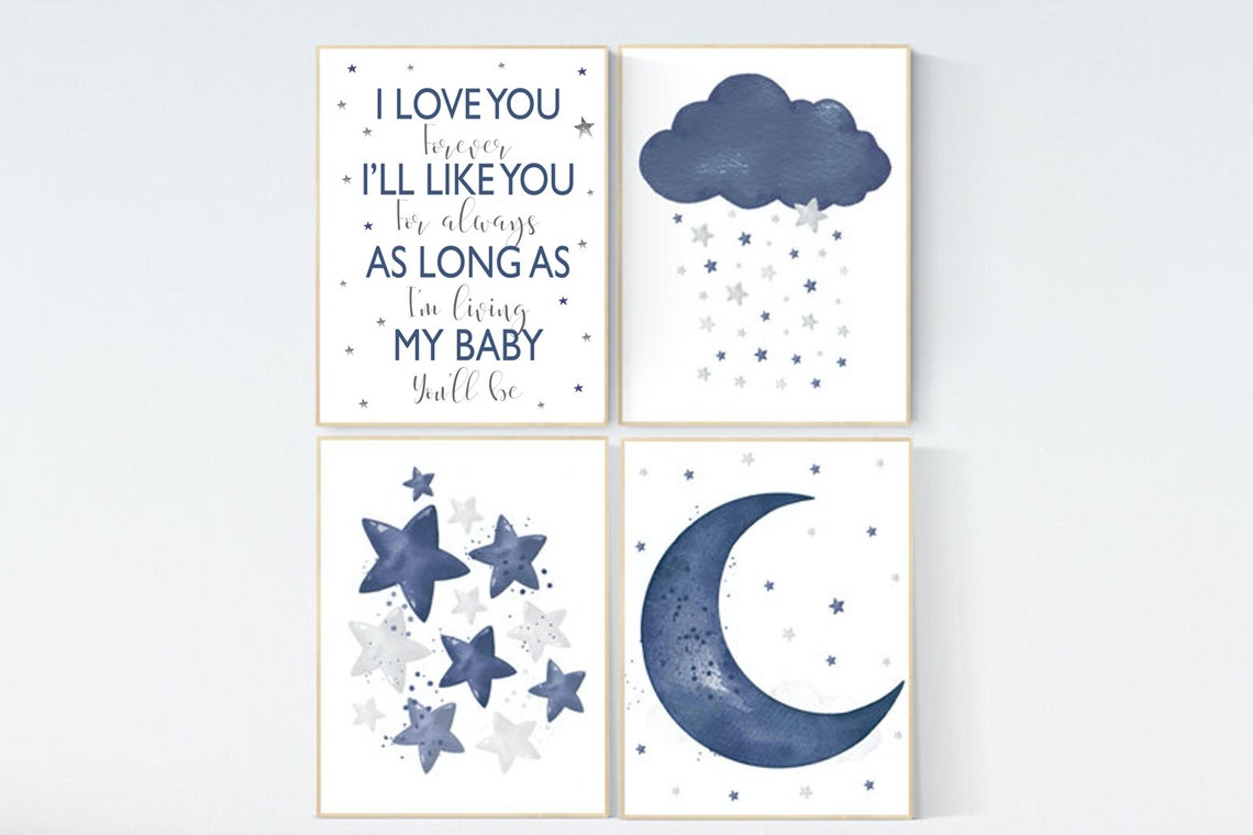 UNFFRAMED Luvia Navy Nursery Poster Set of 4 Baby Boy Moon And Stars ...