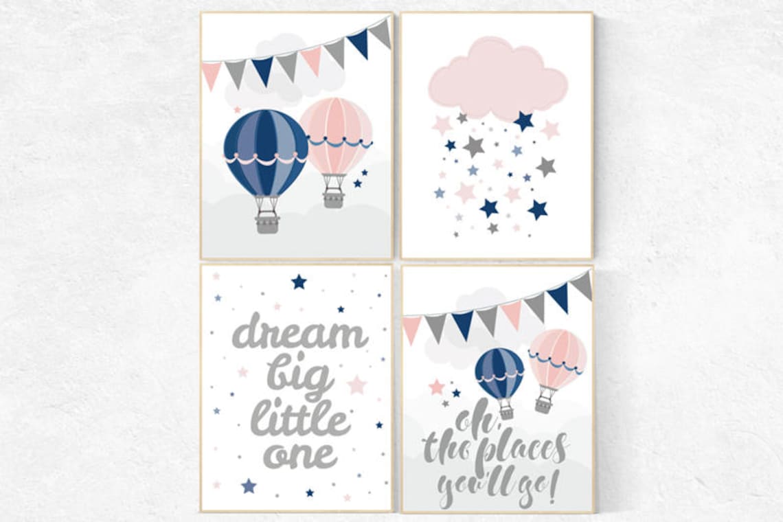 UNFFRAMED Luvia Pink And Navy Nursery Poster Set of 4 Dream Big Little ...