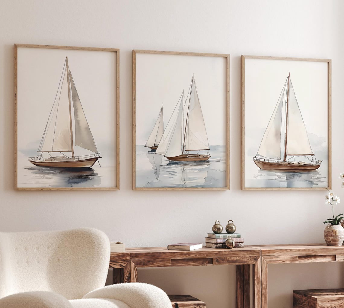 UNFFRAMED Luvia Sailboat Nautical Poster Set of 3 Coastal Ocean Blue ...