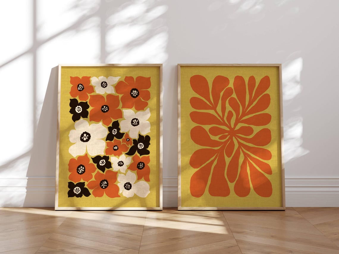 UNFFRAMED Luvia Set of 2 Floral Prints 70s Retro Mid Century Botanical ...