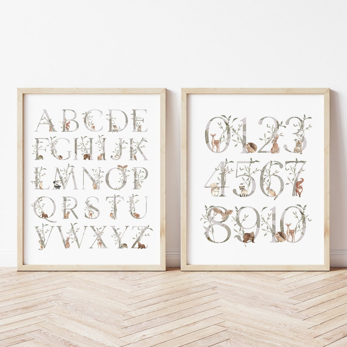 UNFFRAMED Luvia Set of 2 Woodland Creatures Alphabet Numbers Poster ...