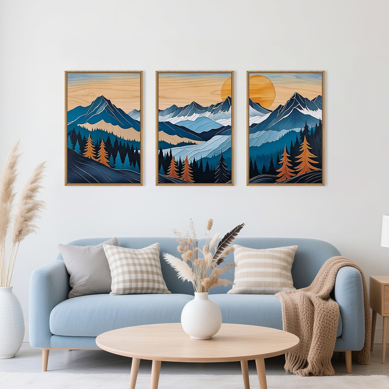 UNFFRAMED Luvia Set of 3 Blue Woodcut Mountain Poster, Boho Abstract ...