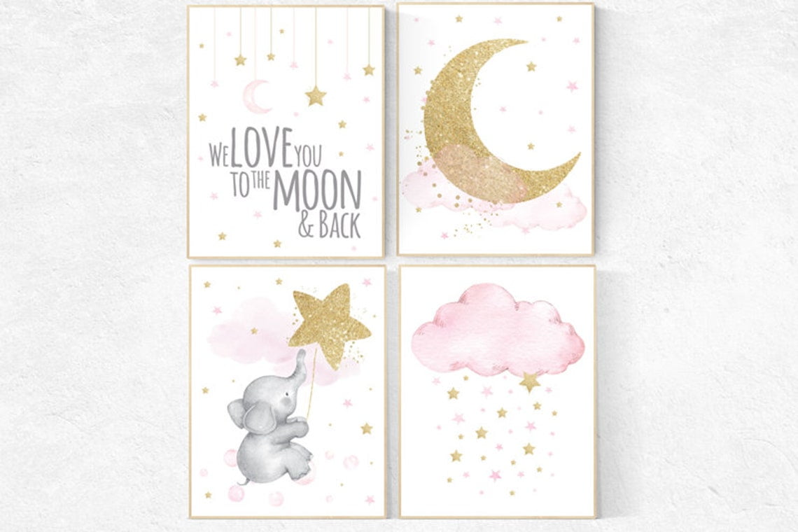 UNFFRAMED Luvia Set of 4 Pink and Gold Elephant Nursery Wall Art Prints ...