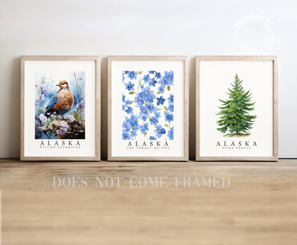 UNFFRAMED Luvia Set of 3 Alaska State Symbols Poster, Willow Ptarmigan ...