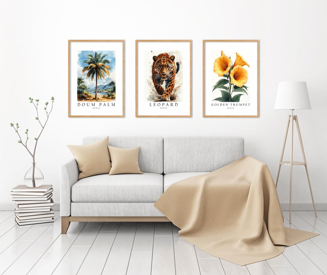 UNFFRAMED Luvia Set of 3 Benin National Symbols Poster, Leopard, Golden ...