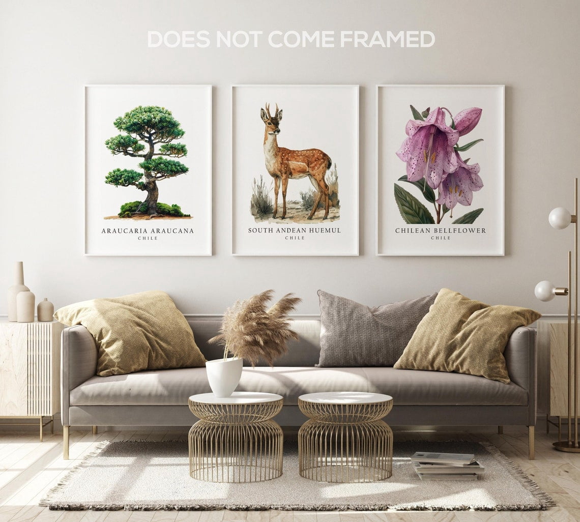 UNFFRAMED Luvia Set of 3 Chile National Symbols Poster, Huemul and ...