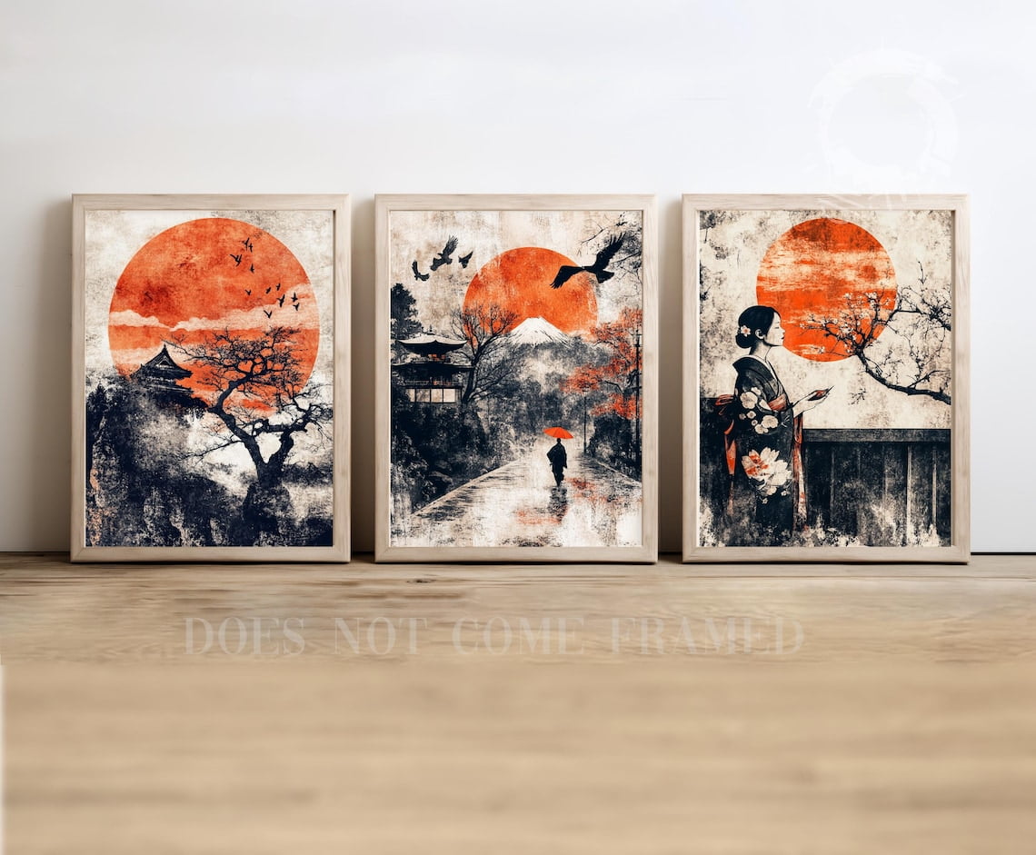 UNFFRAMED Luvia Set of 3 Japanese Landscape Poster, Geisha, Mt. Fuji ...